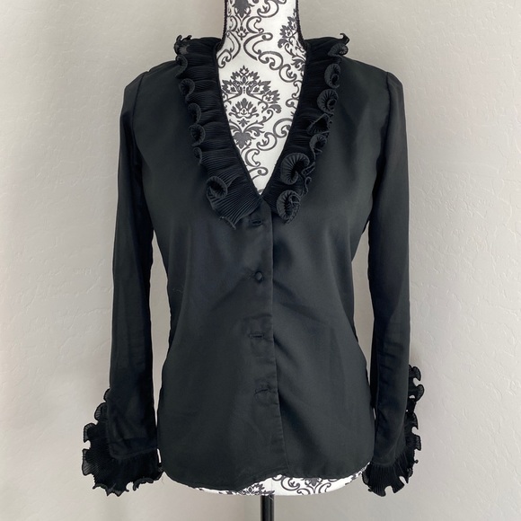 Tops | Vintage Black Ruffle Long Sleeves Sheer Blouse Union Label Sm ...